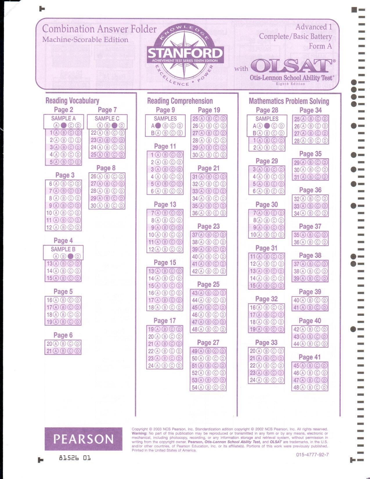 SAT 10 Advanced 1 Answer Sheet Form A