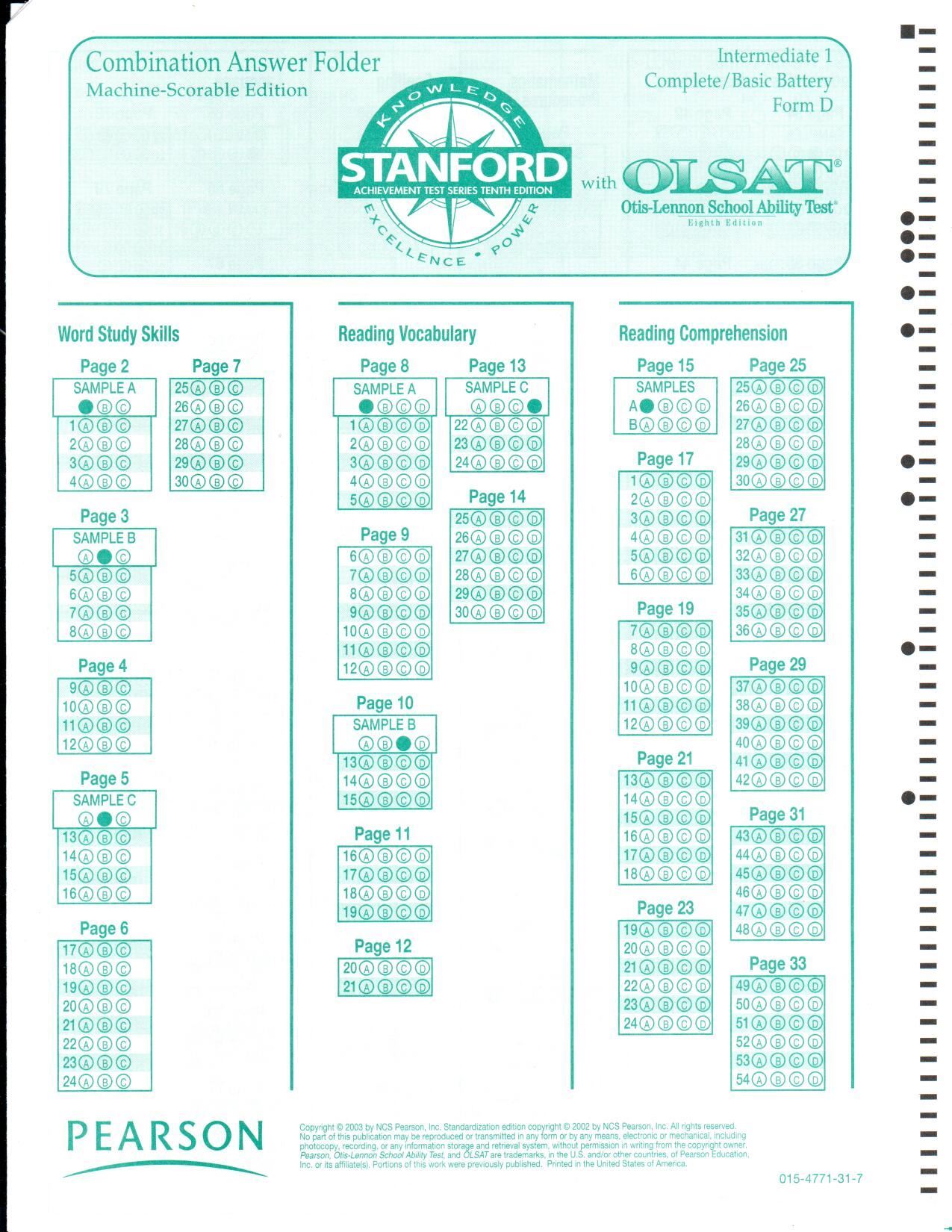 SAT 10 Intermediate 1 Answer Sheet Form D