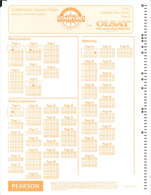 SAT 10 Task 2 Answer Sheet Form D