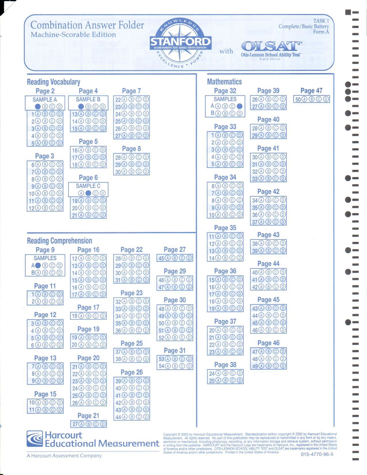 SAT 10 Task 1 Answer Sheet Form A